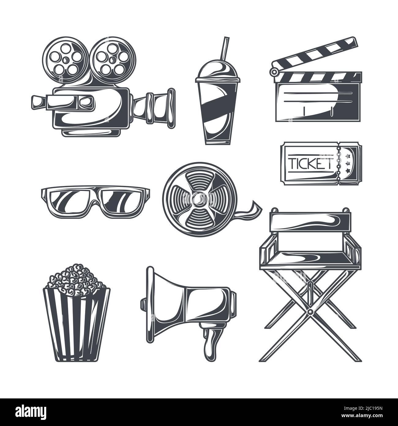Cinema movie entertainment film black icons elements set isolated ...