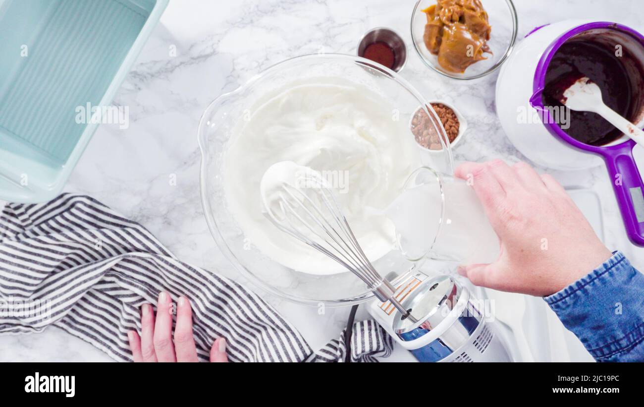 Flat lay. Step by step. Preparing homemade chocolate ice cream in a ...