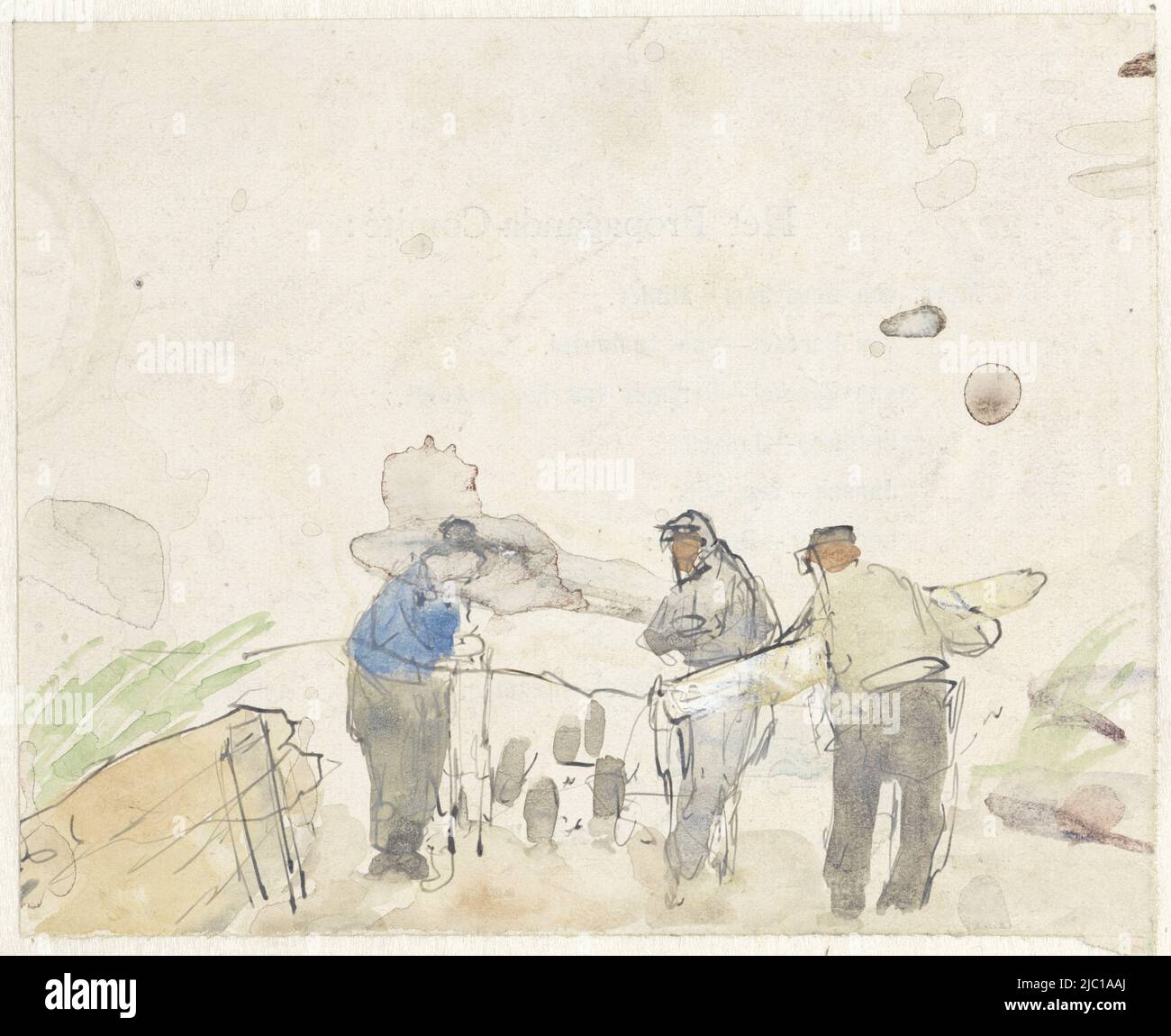 Three workmen, draughtsman: Adolf le Comte, 1860 - 1921, paper, pen ...