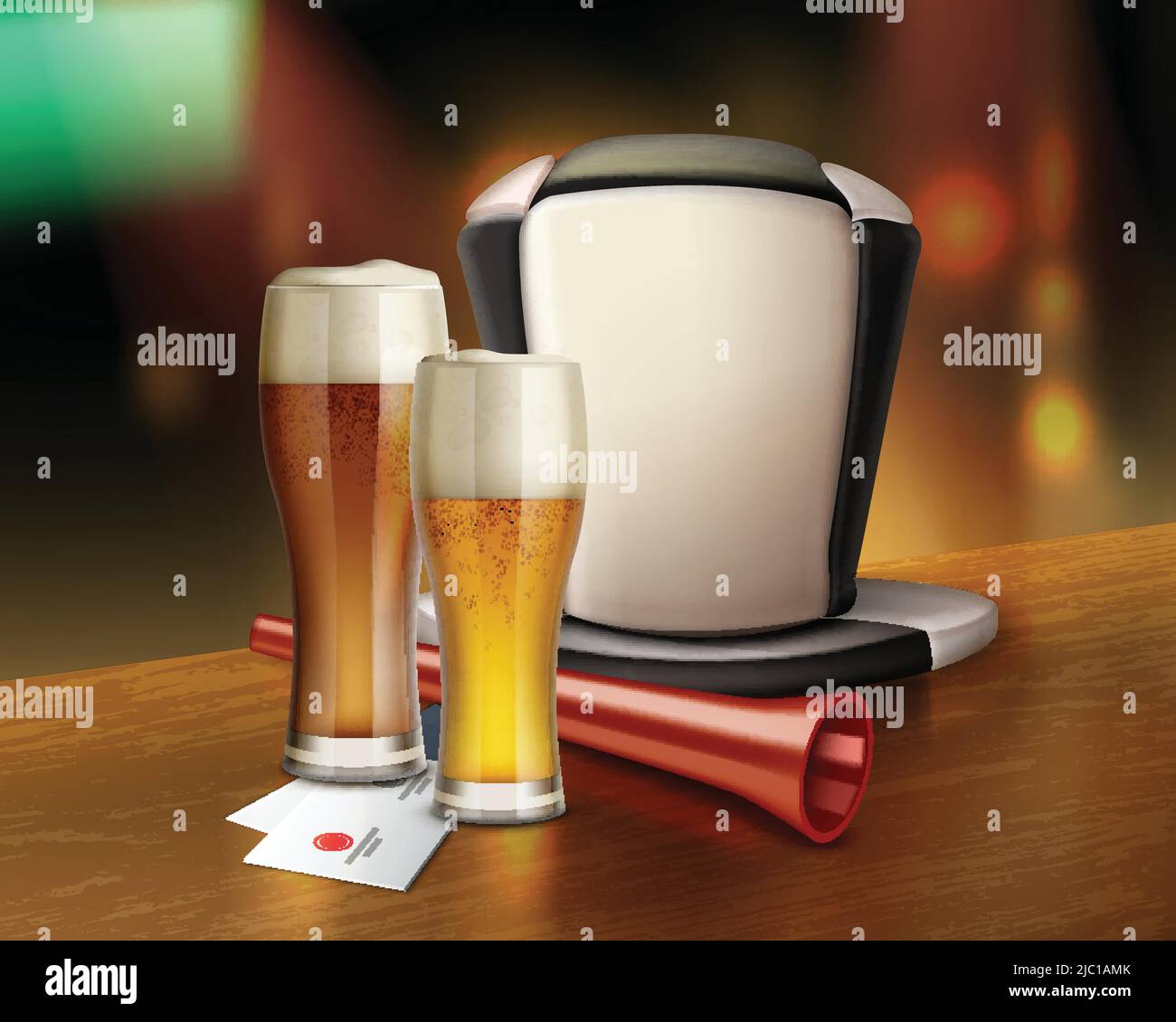 Vector illustration of glass of beer and hat of soccer fan with trumpet ...