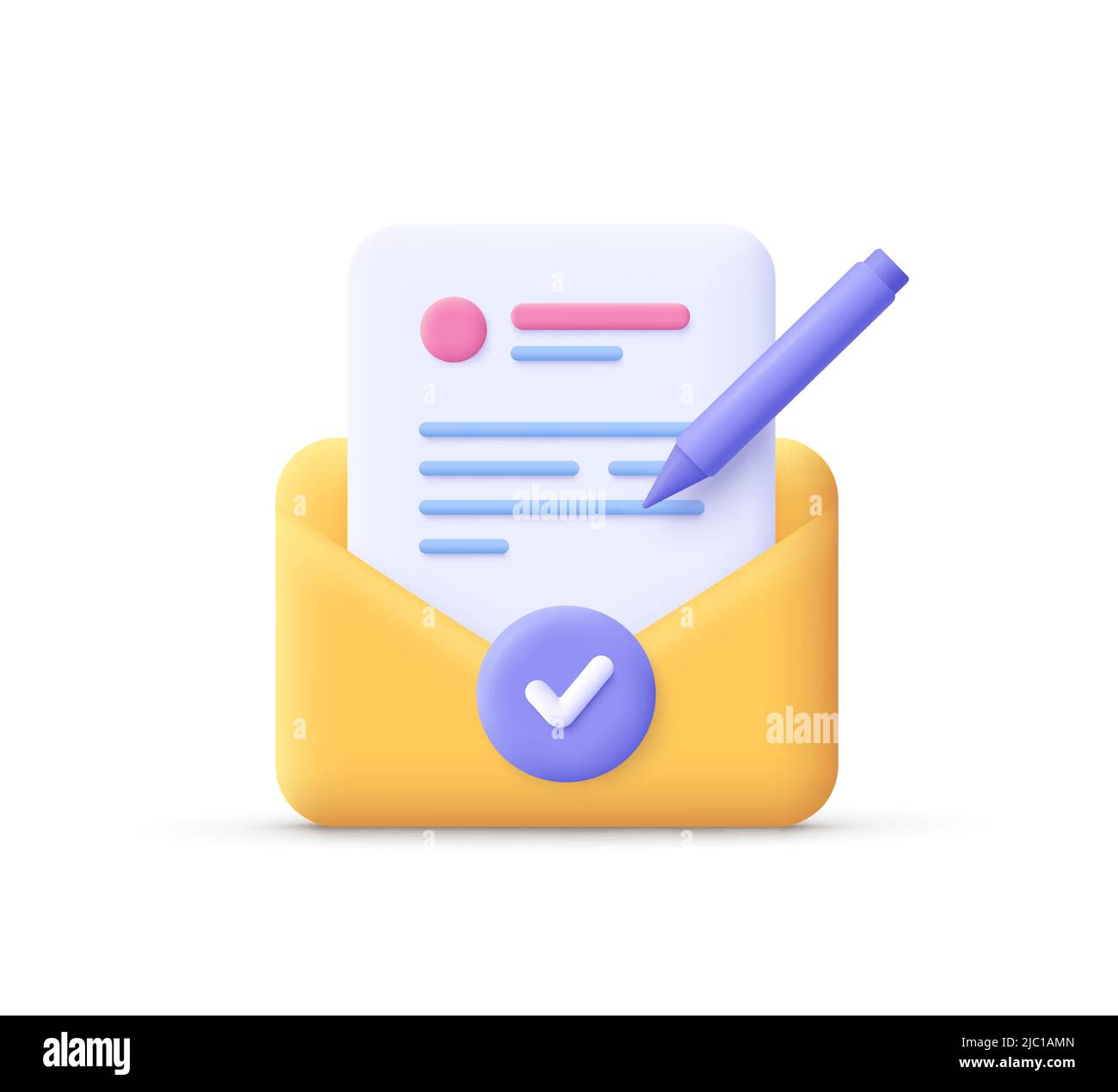 Envelope with letter, pencil and check mark. 3d vector icon. Mail ...