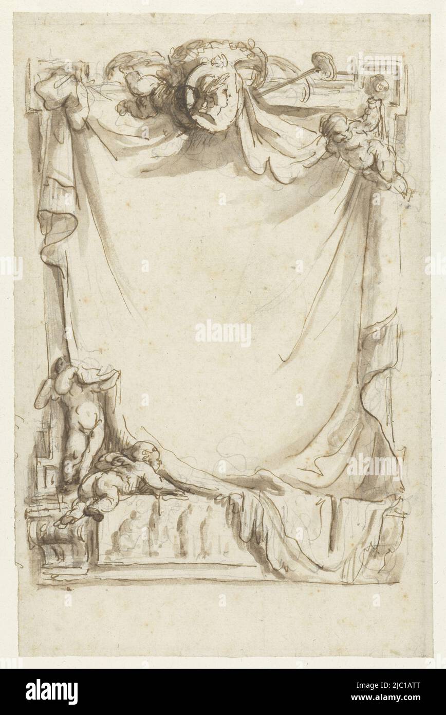 Design for a title page: a cloth draped in front of a window with putti ...