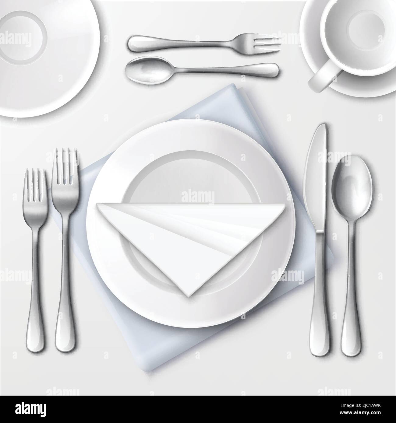Vector illustration of table setting in restaurant with white plates ...