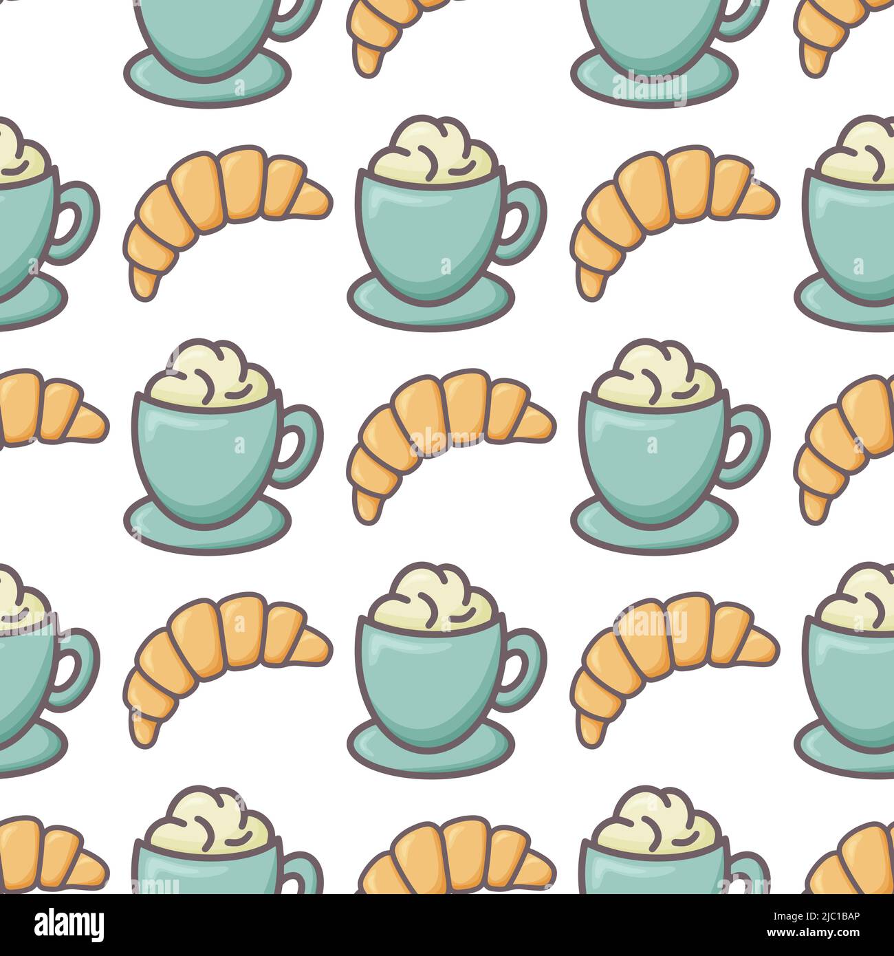 Croissants and coffee seamless pattern vector illustration. Background traditional french ...