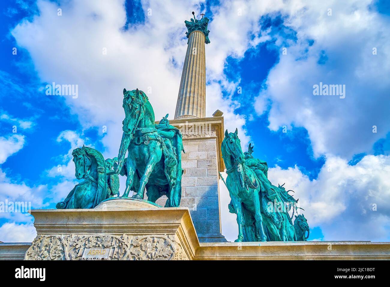 The bronze statues of the seven Magyar leaders are mounted on the base ...