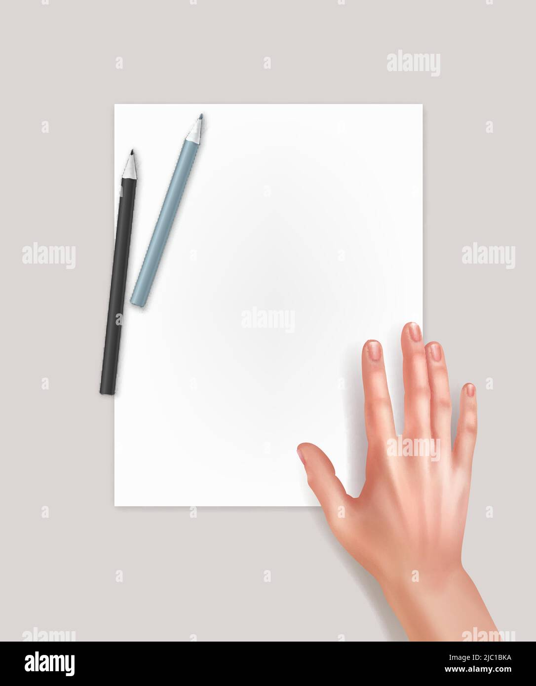Vector human hand over clean sheet of paper with pencils and space for ...