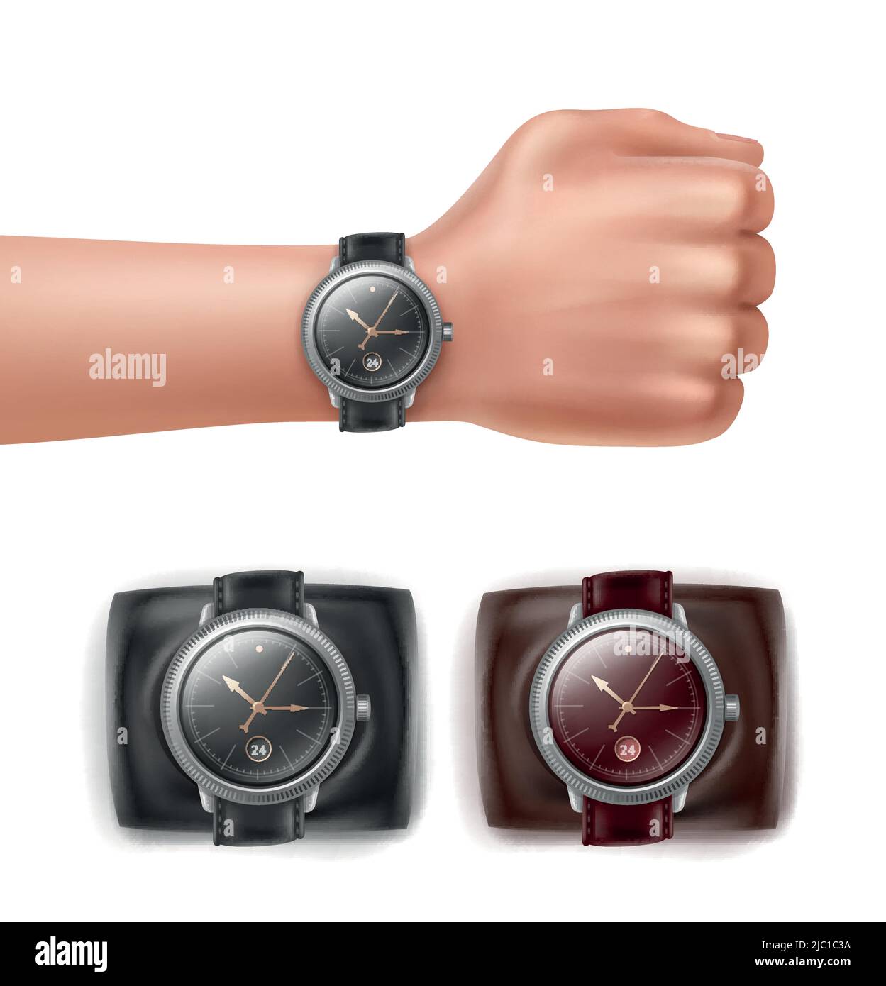 Vector wrist watches different colors and hand with watch isolated on ...