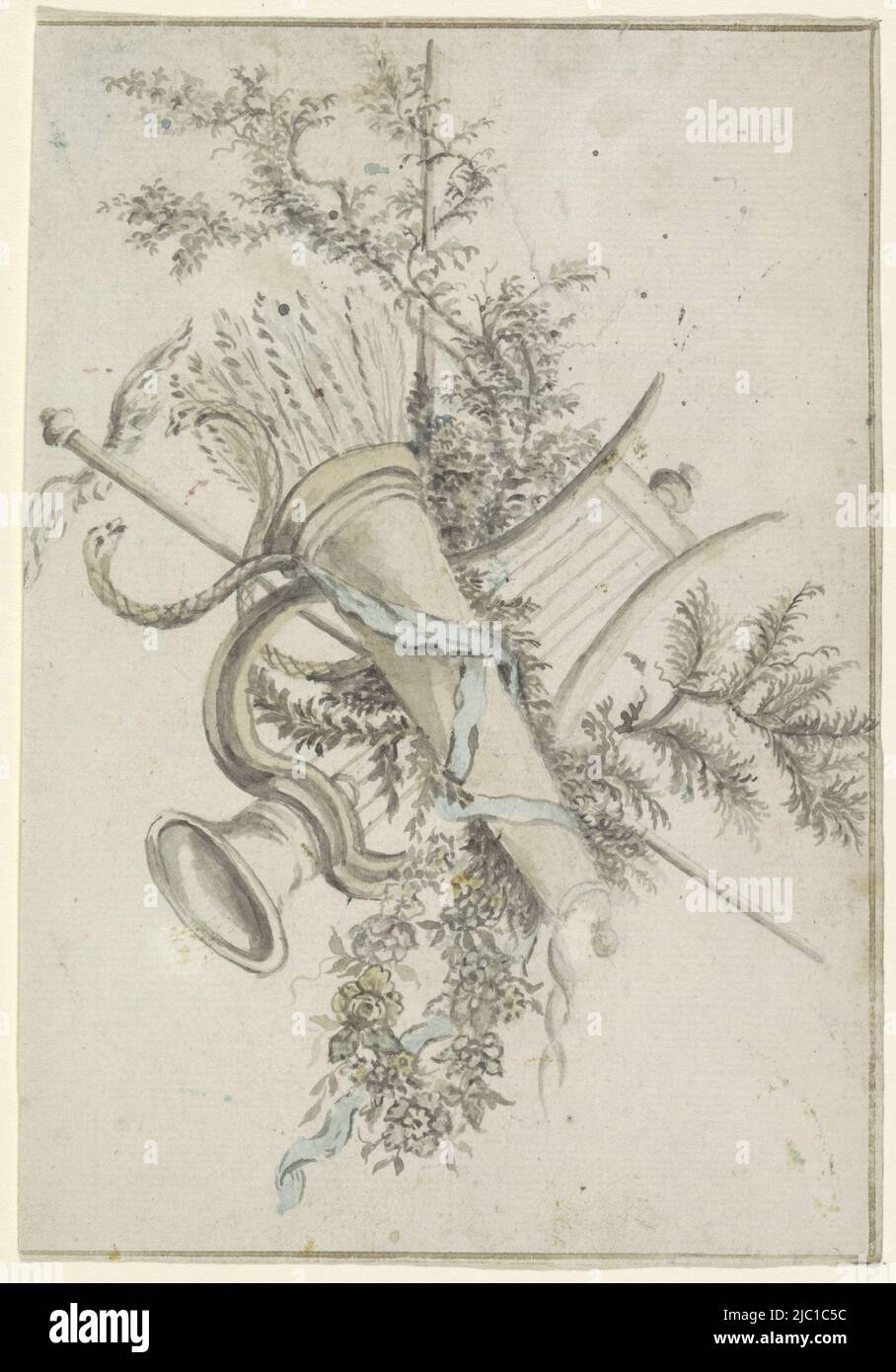 A trophy with branches, a flower garland and attributes of the gods ...