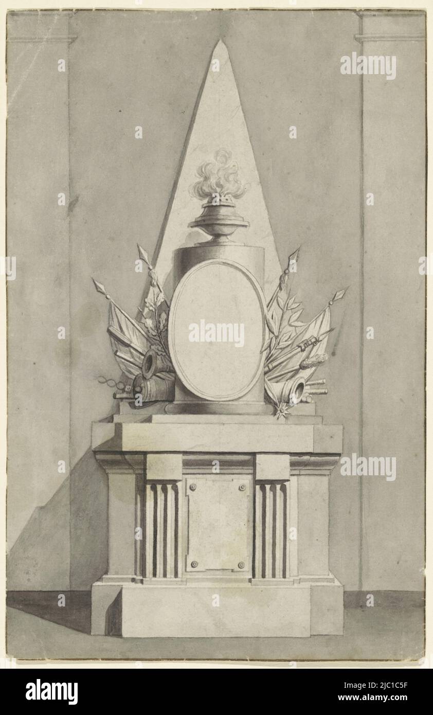 A funerary monument with an obelisk, an oval medallion, flags, weapons ...