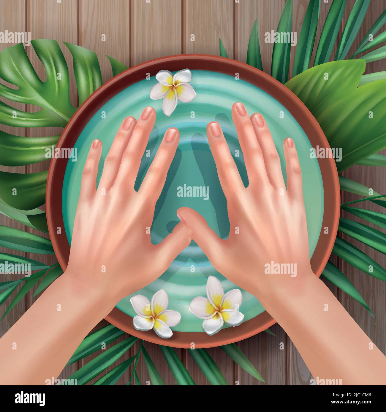 Vector illustrtion of female hands and bowl of spa water with flowers ...