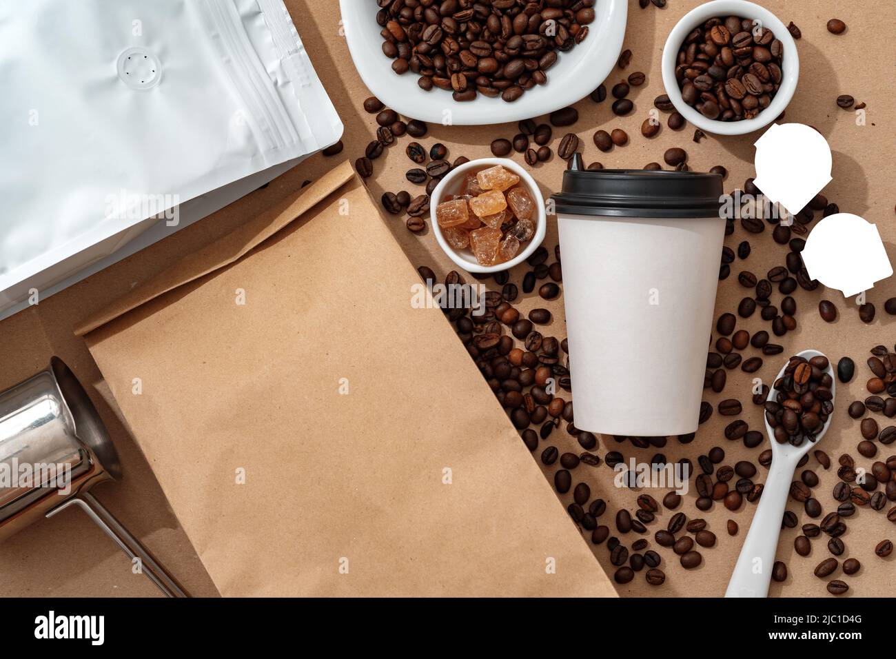 Blank brown kraft paper pouch bag with coffee beans and paper cup for ...