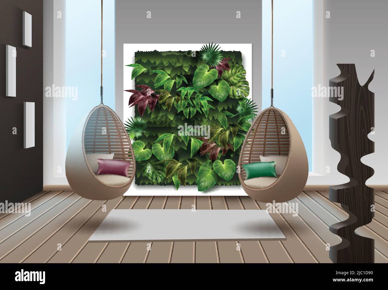 Vector illustration of interior with vertical garden and wicker hanging ...