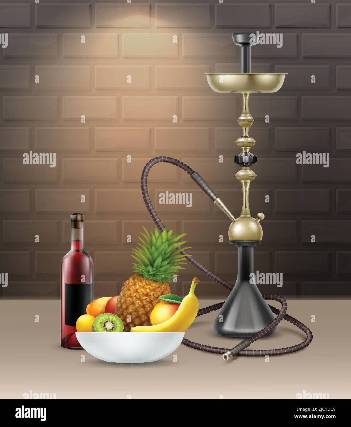 Vector big nargile for tobacco smoking with long hookah hose, bottle of ...