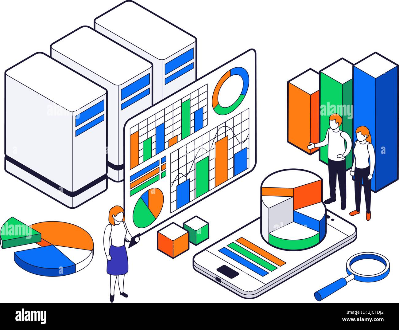 Big data science analysis isometric icon set with charts diagrams and ...