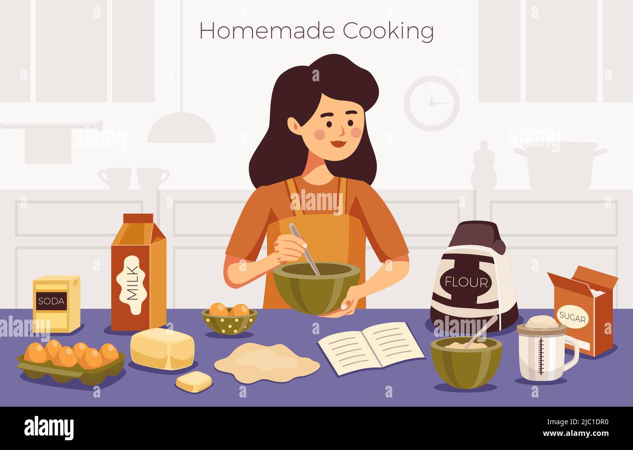 Homemade cooking background with young woman standing at table with ...