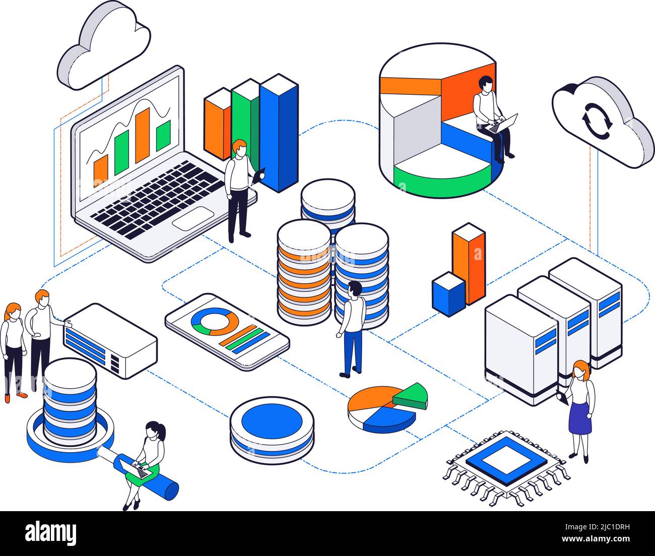Big data science analysis isometric colored concept with related steps ...