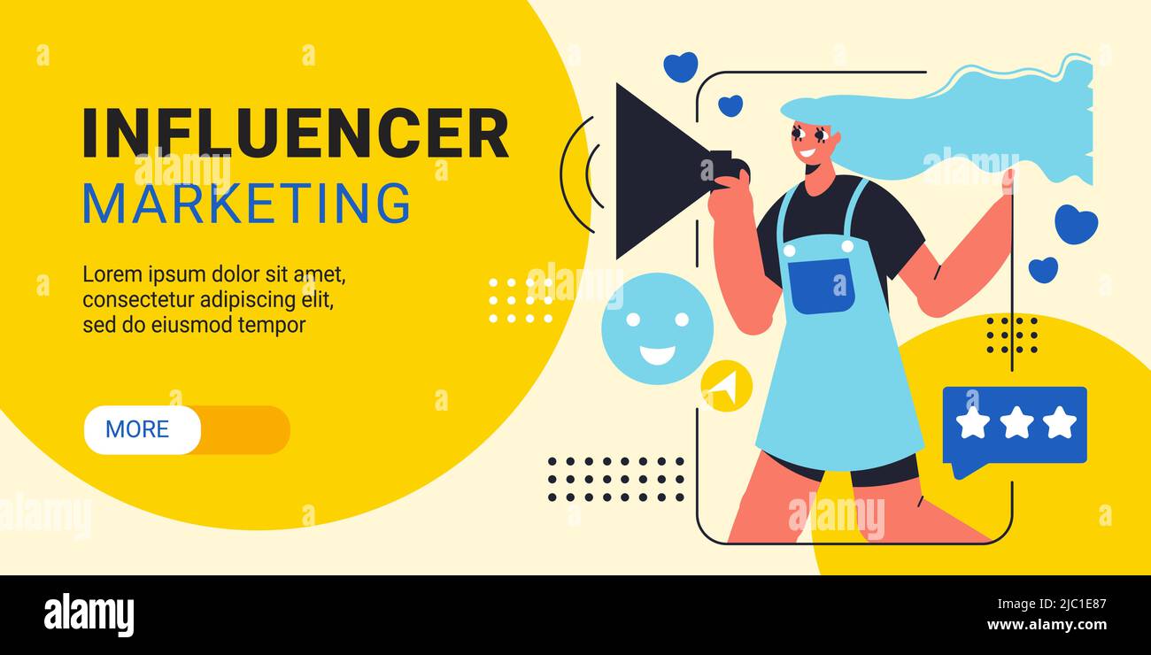Influencer marketing horizontal banner with young girl with megaphone ...