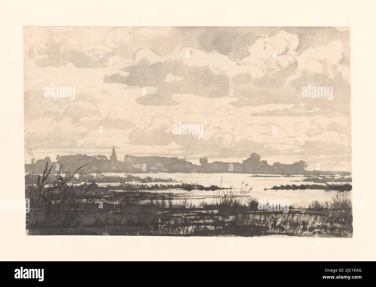 Face over puddles to a church tower, draughtsman: Maurits van der Valk ...