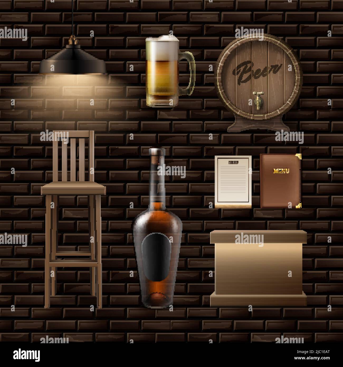 Realistic pub elements collection with bottles of alcoholic drinks beer ...