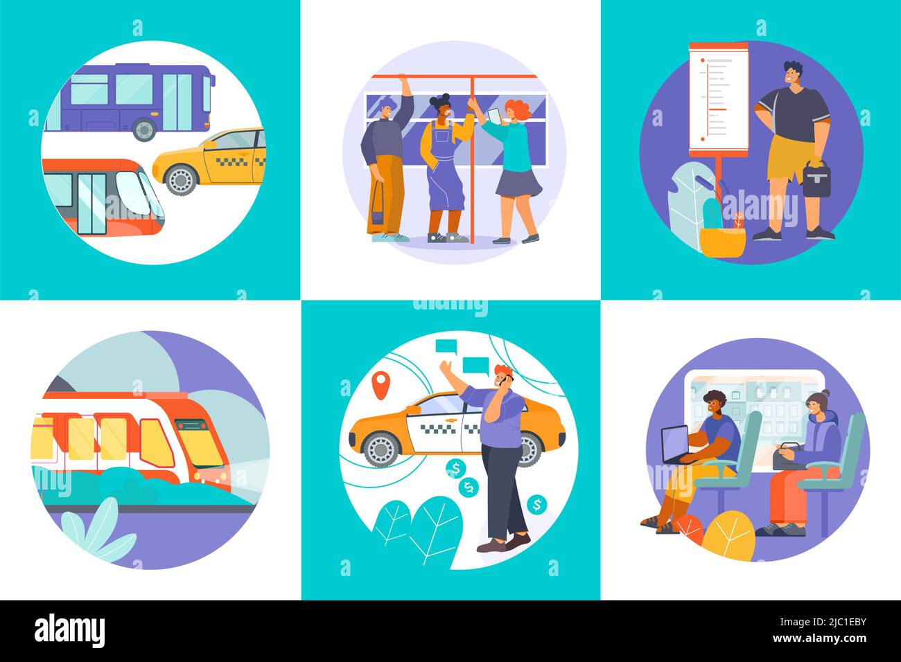 Public transport 6 flat background compositions with bus tram ...