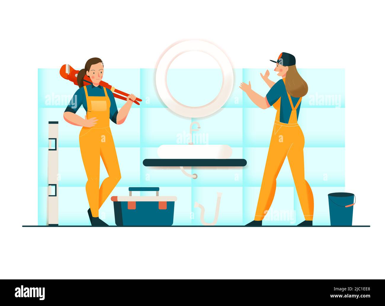 Unusual female profession concept with plumber symbols flat vector ...