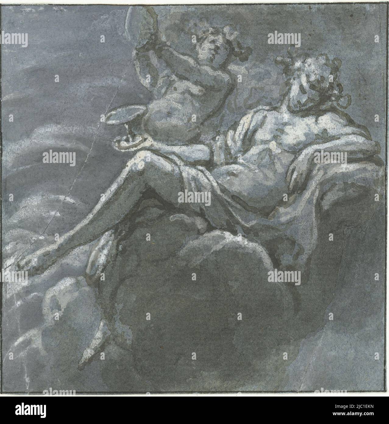 Bacchus with a drinking vessel in his hand, lying on clouds, behind him ...
