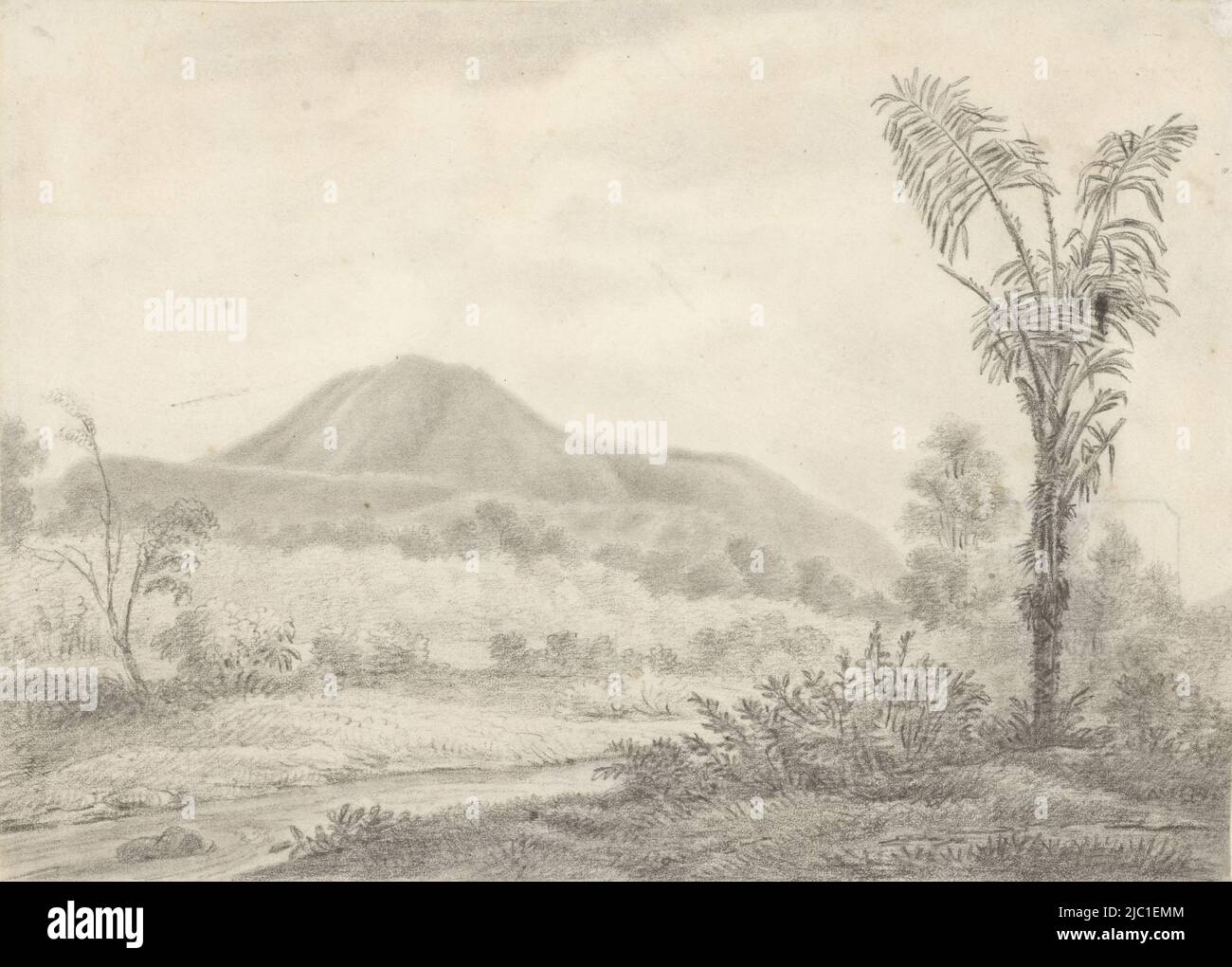 Javanese landscape with mountain and palm, draughtsman: Jannes Theodorus Bik, draughtsman ...