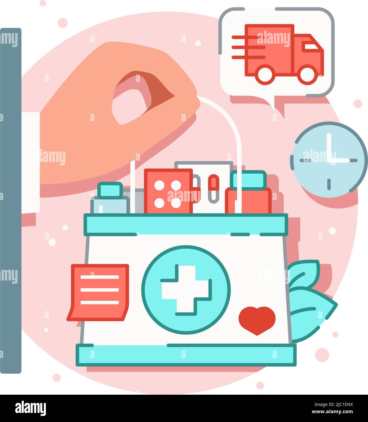 Online medicine flat composition with hand holding first aid box full ...