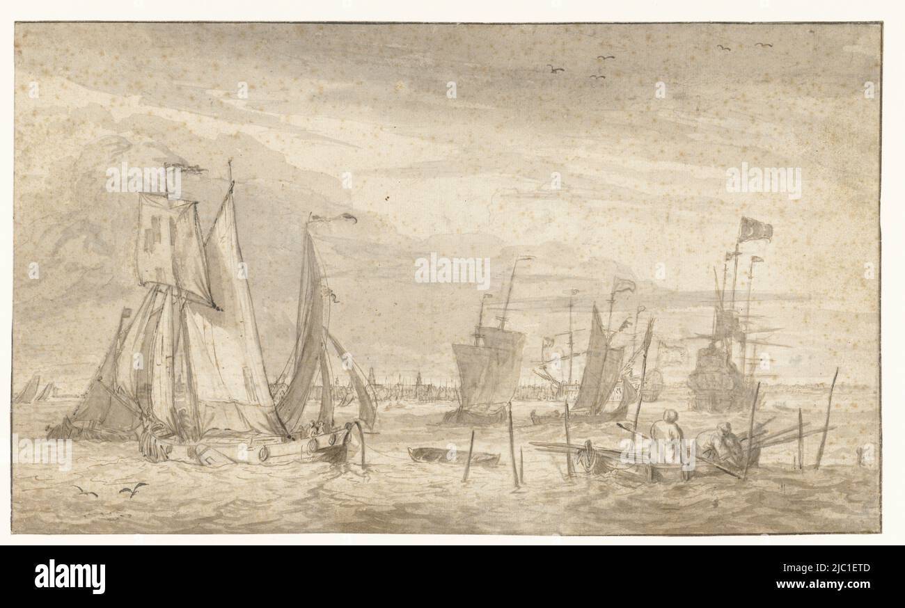 Busy river for a city profile, draughtsman: Pieter Coopse, 1668 - 1677 ...