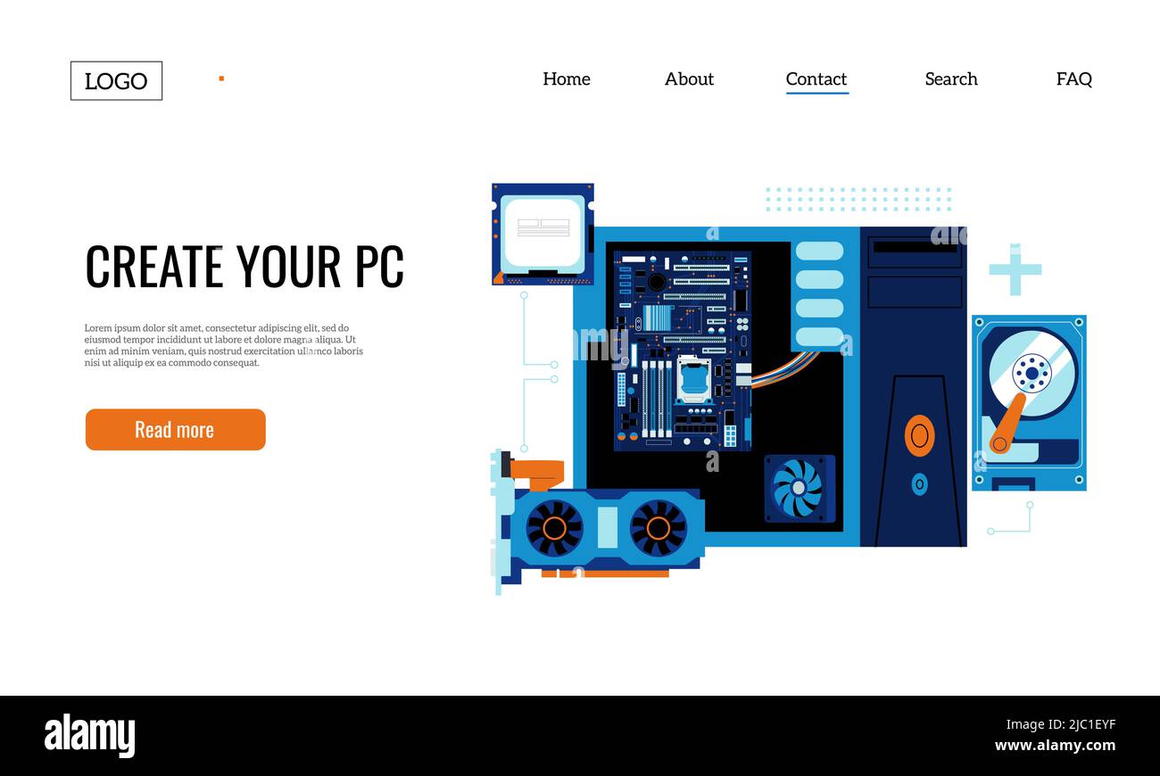 Gaming PC assembly landing. Personal computer components web page ...