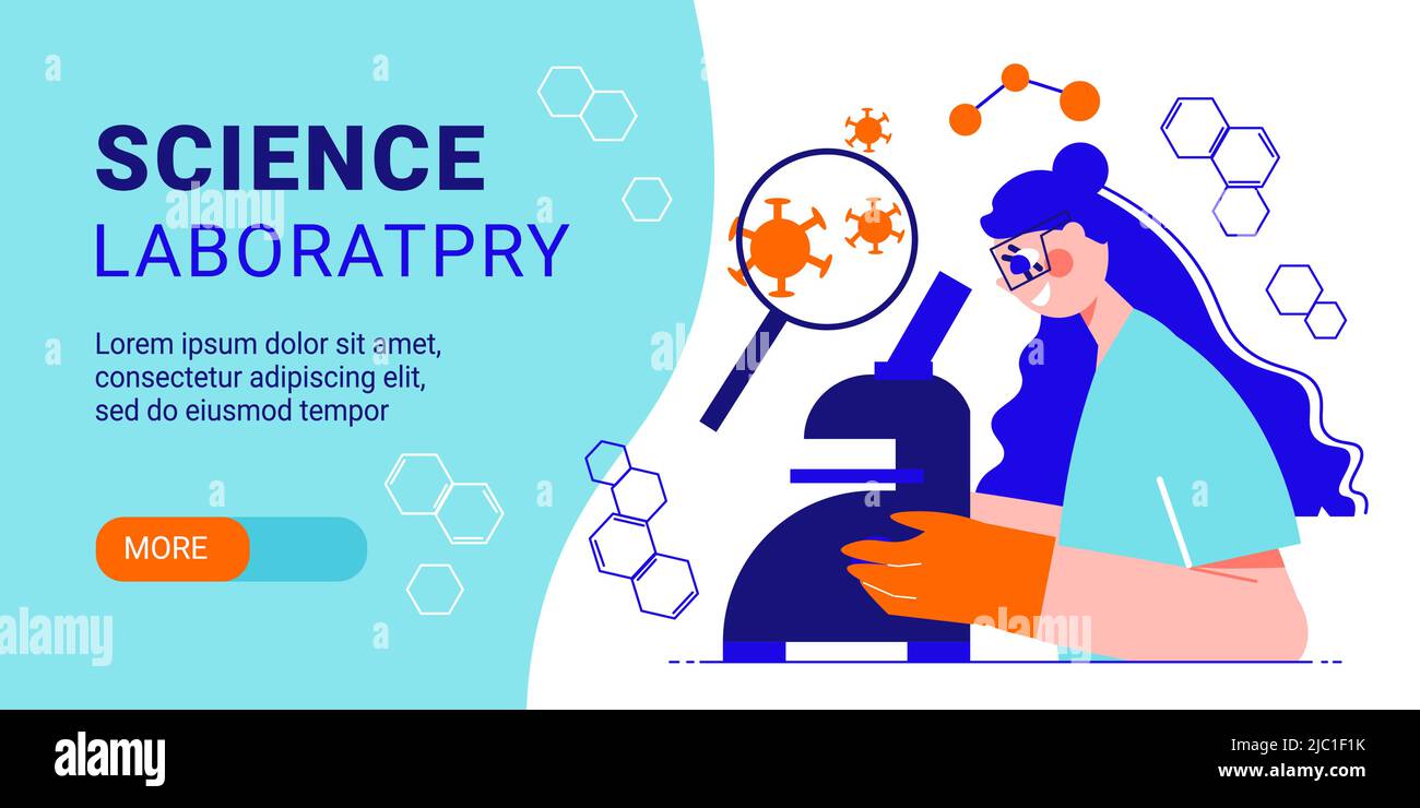 Science laboratory horizontal banner with cute young female specialist ...