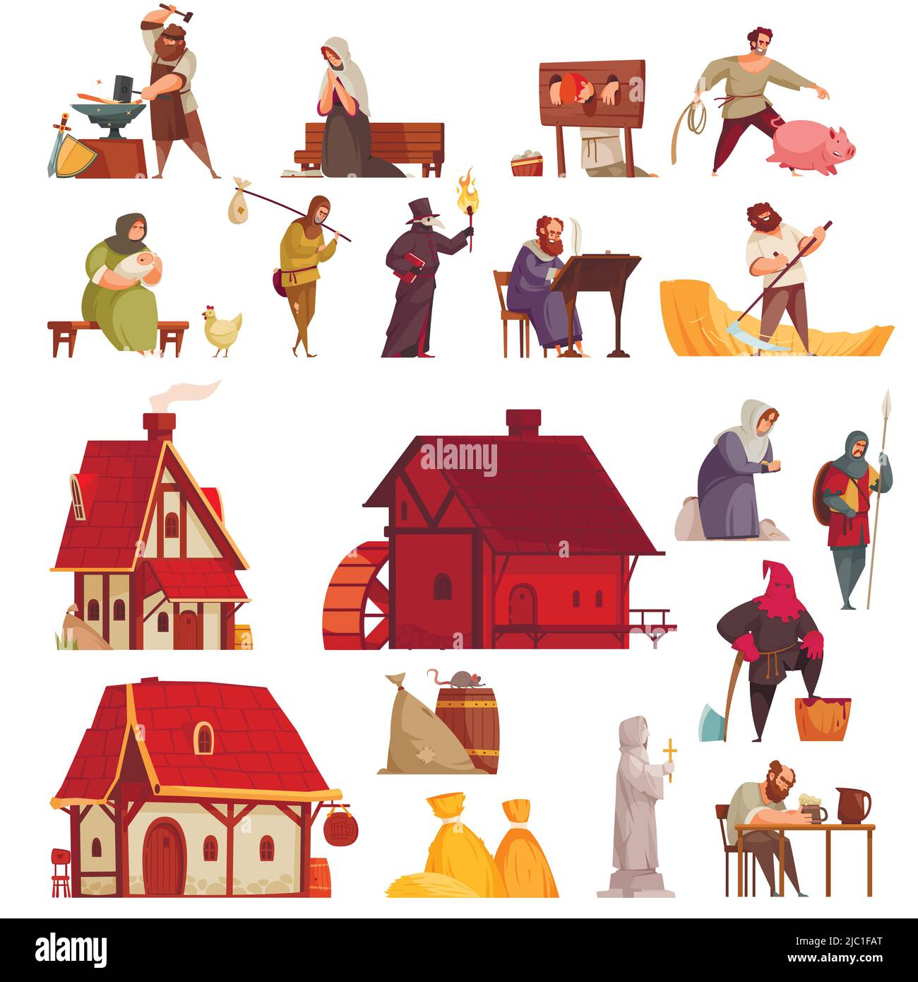 Cartoon and isolated medieval icon set with houses taverns villagers ...