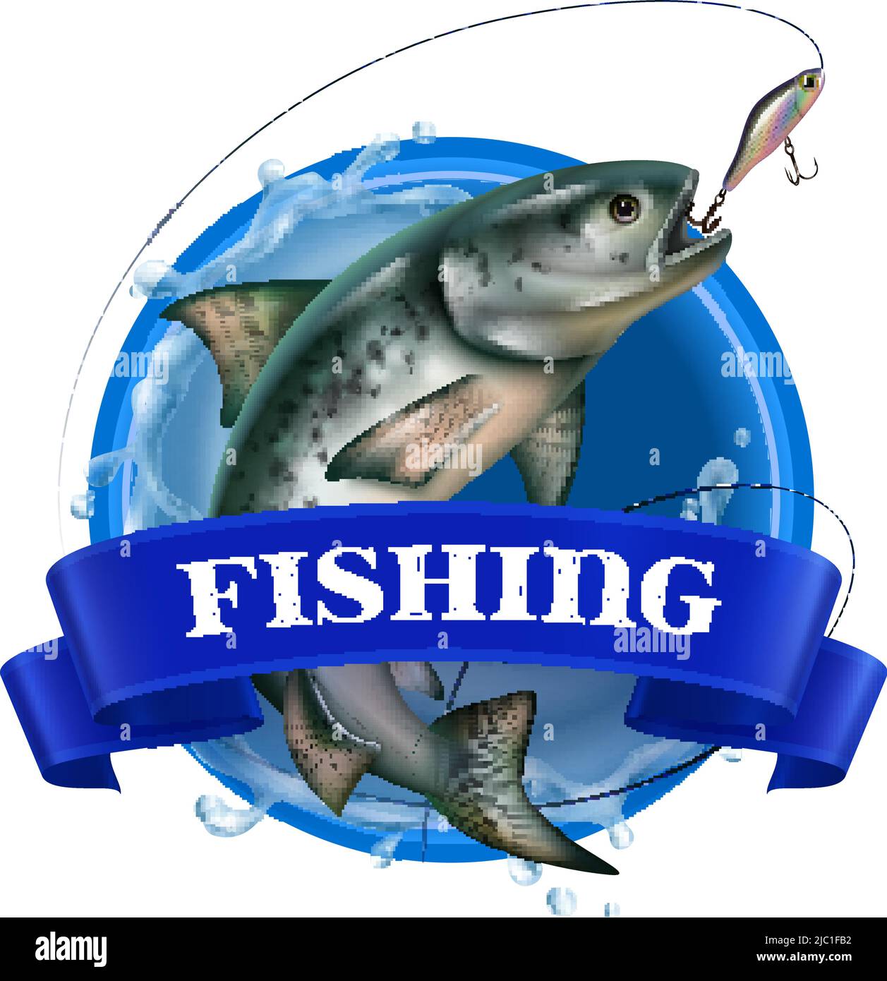 Fishing realistic colorful logo with fish taking bait on round see ...