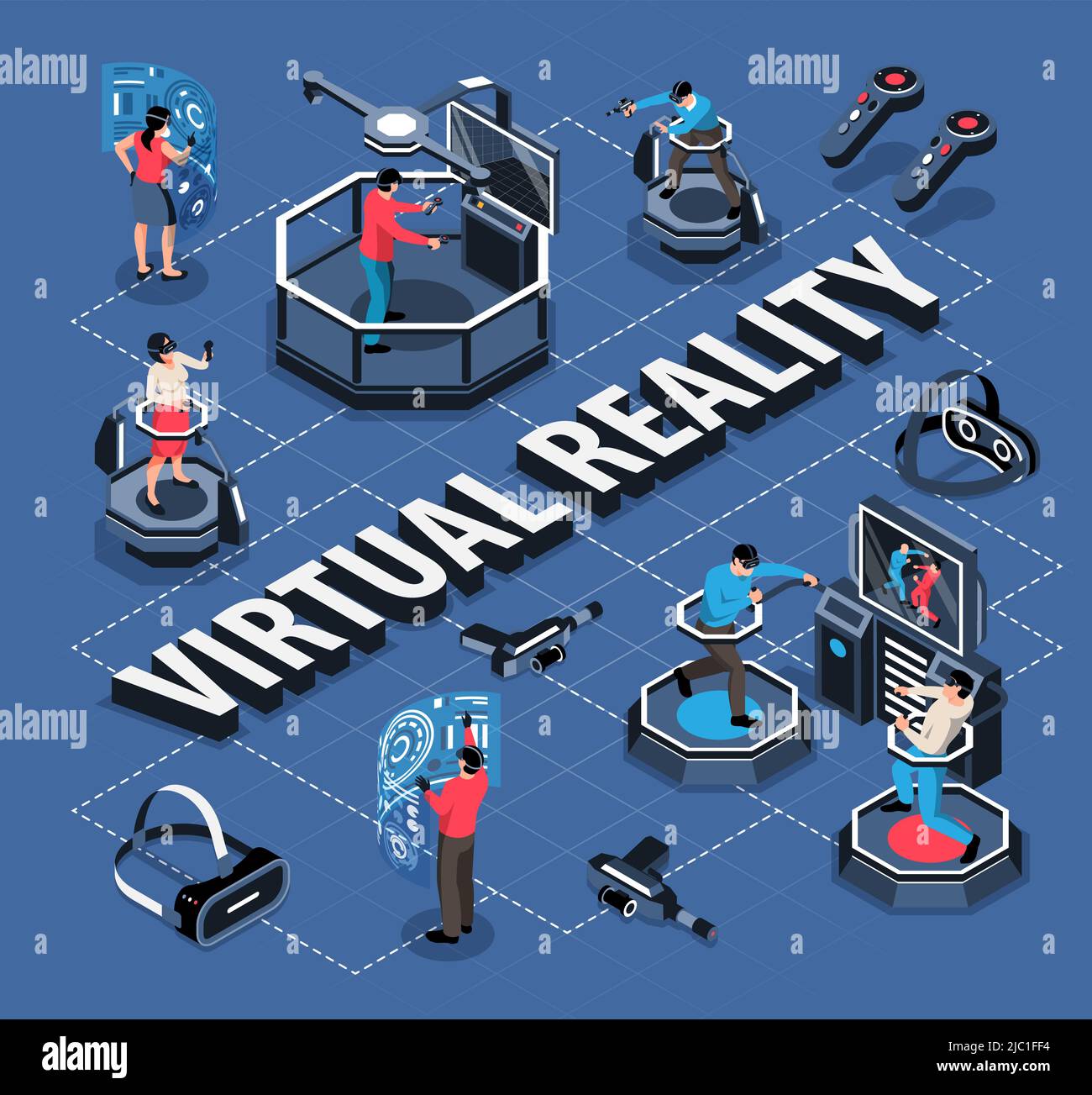 Isometric flowchart with people in virtual reality glasses 3d vector ...
