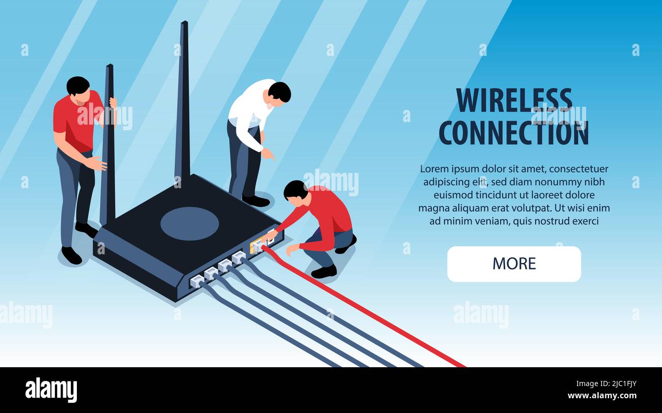 Isometric horizontal banner with three sysadmins fixing wireless ...