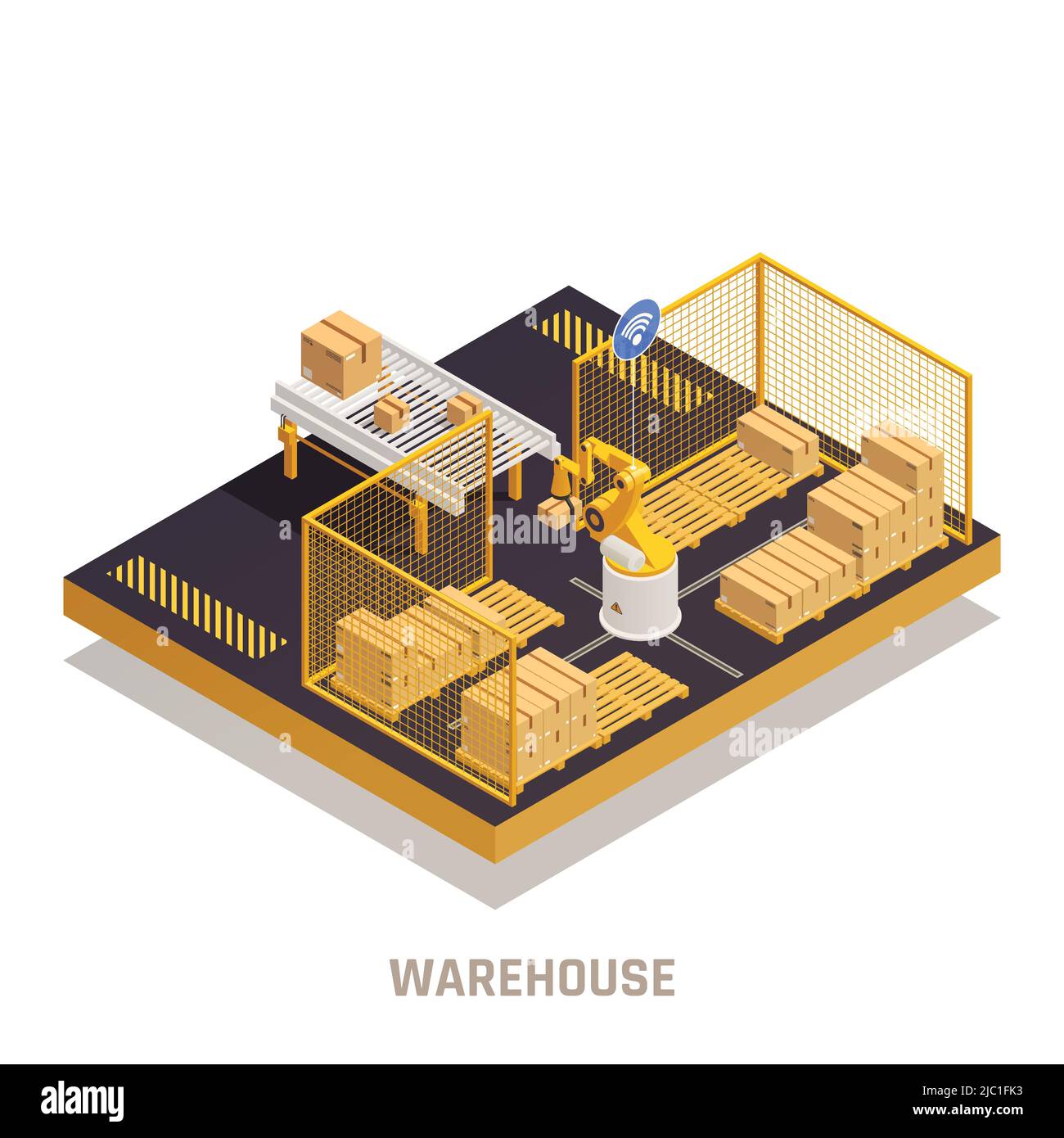 Modern warehouse cargo receiving process with automated robotic arm ...
