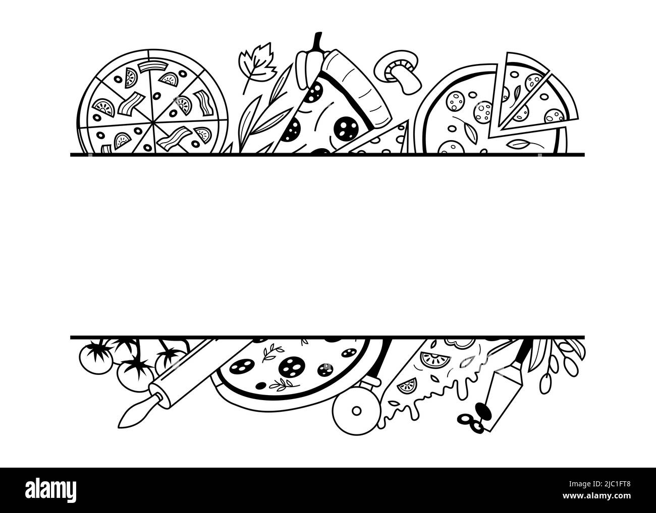 Doodle pizza frame. National Italian food ingredients border, pizza ...