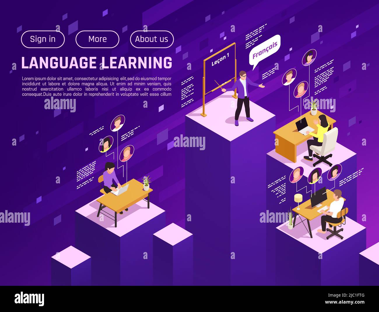 Online language school website isometric landing page with learning ...