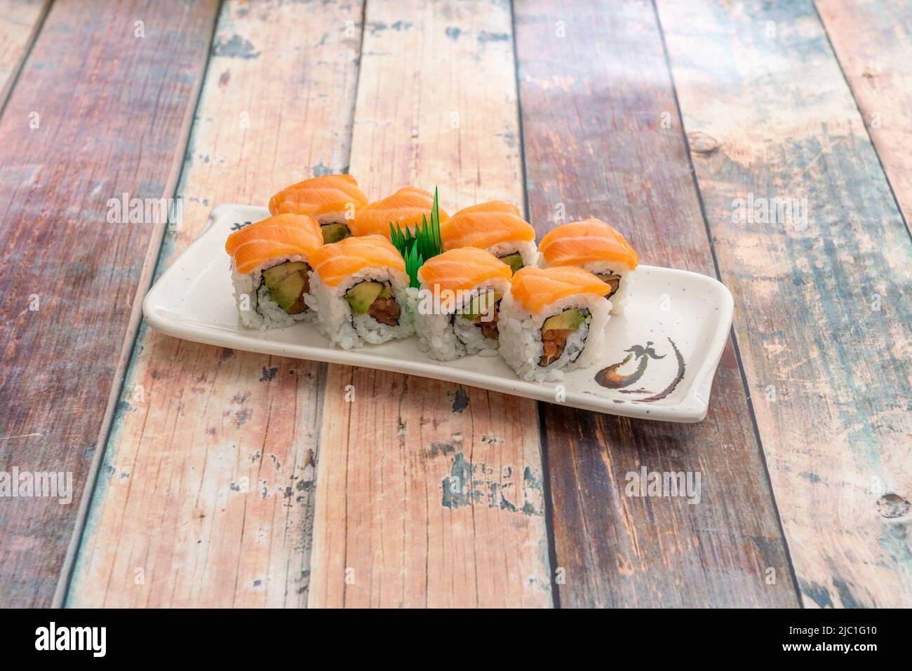 California uramaki sushi platter with Norwegian salmon, nori seaweed ...