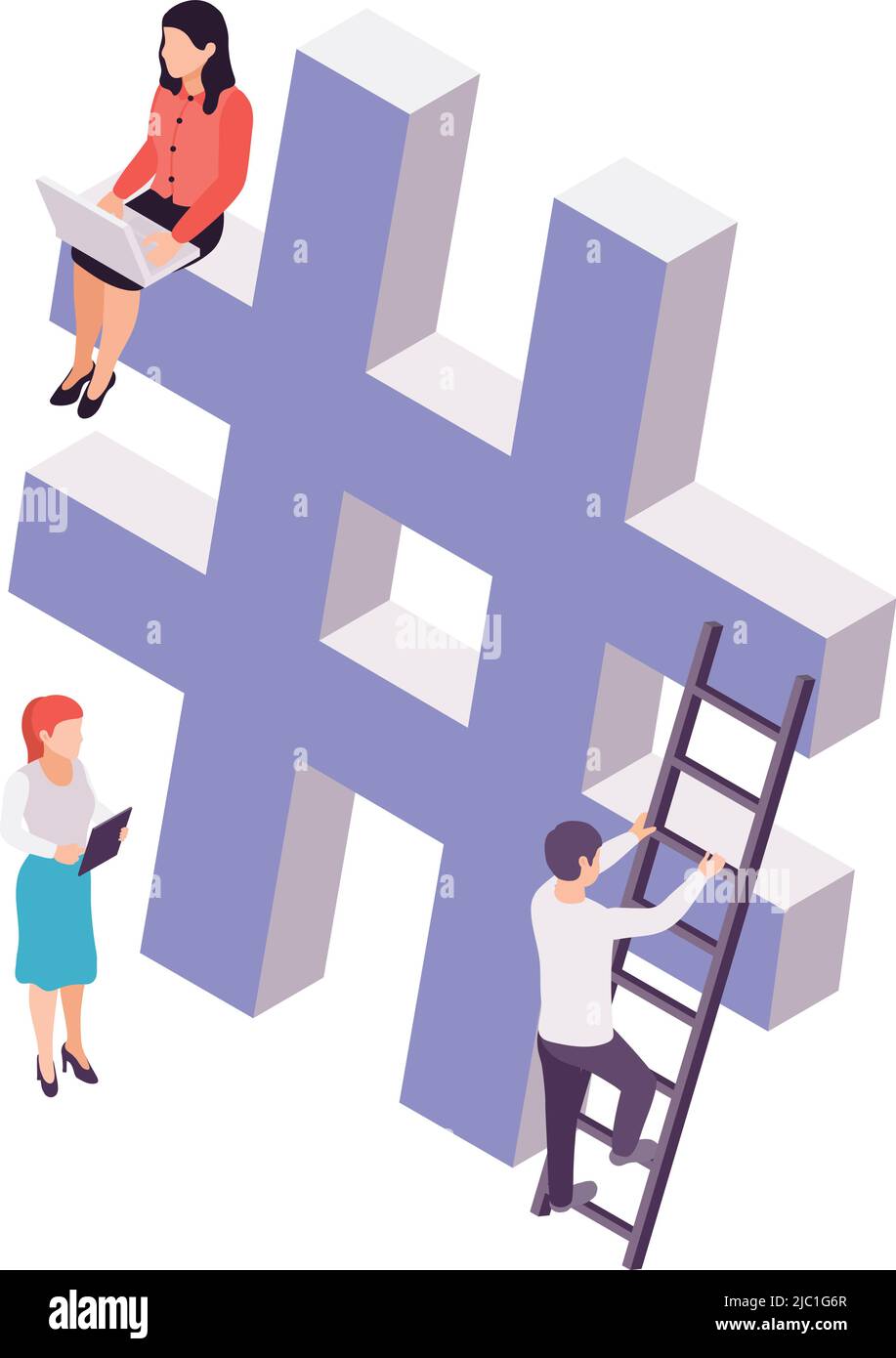 Blogging concept with hashtag sign and people 3d isometric vector ...