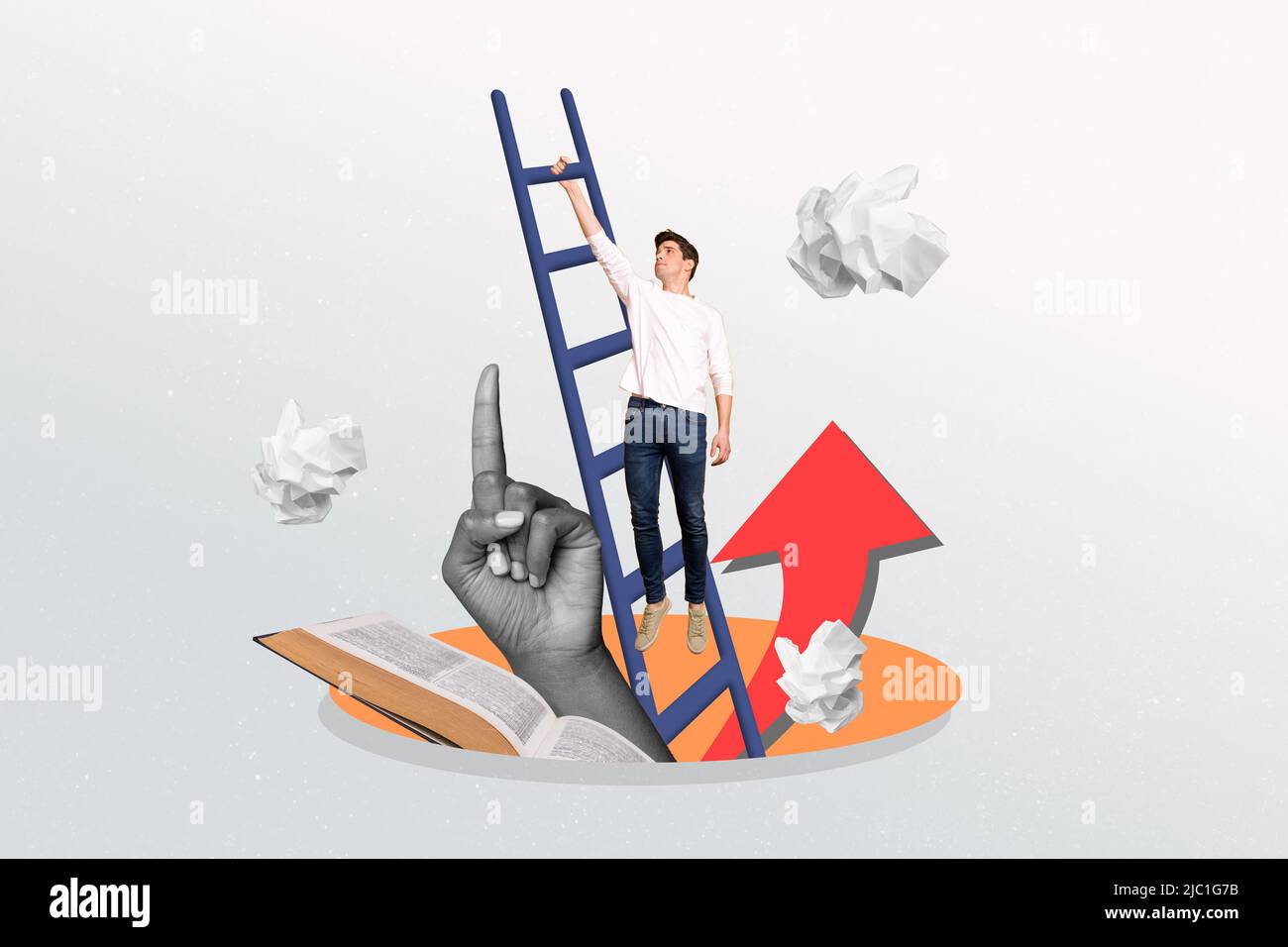 Collage portrait of hard working person climb ladder up huge hand point ...
