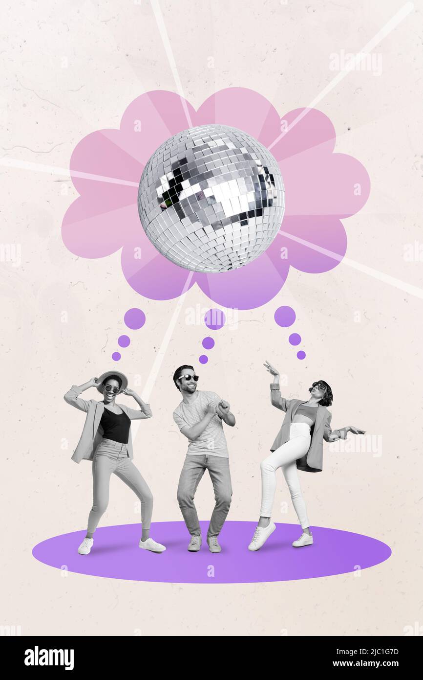 Creative retro 3d magazine collage of dreamy people thinking about cool ...