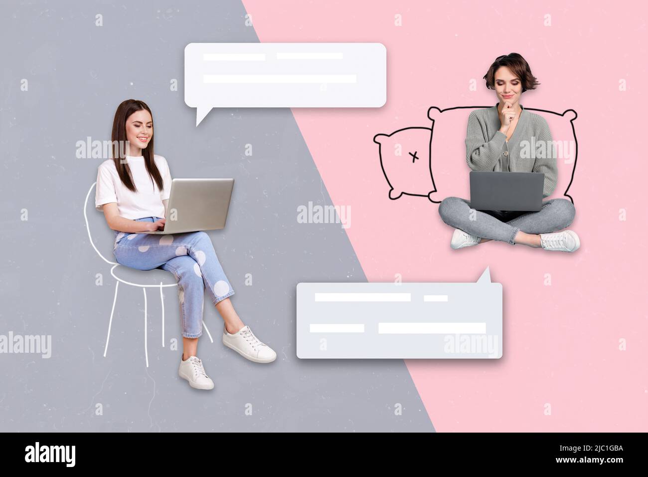 Composite collage portrait of two people use wireless netbook ...