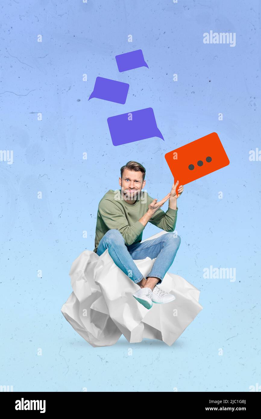 Vertical composite collage portrait of unsatisfied person sitting large ...