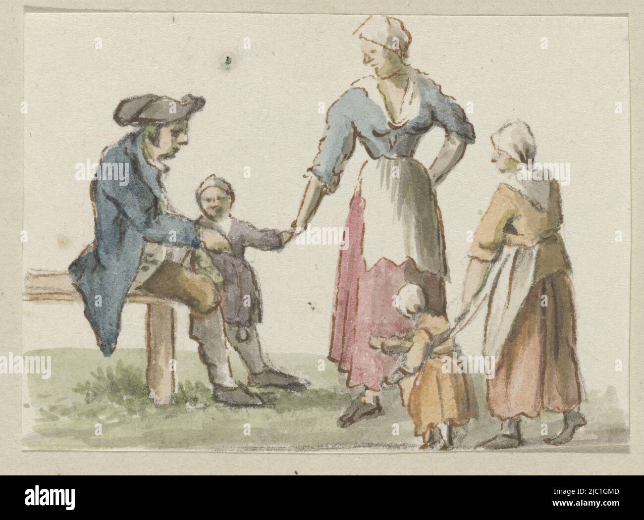 Sitting man and standing woman with three children, draughtsman: anonymous, Netherlands, c. 1700 ...