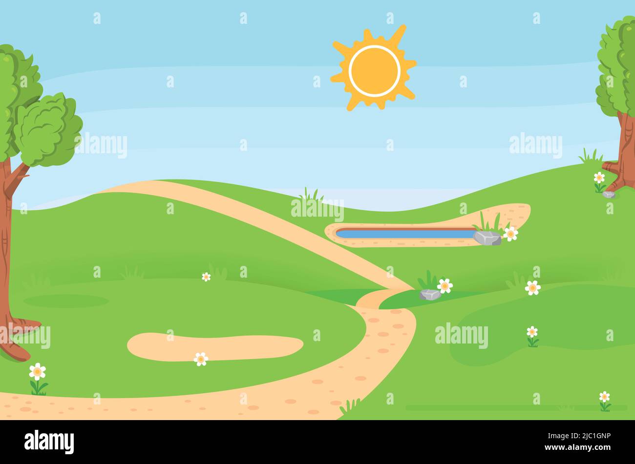 Cartoon summer landscape. Green grassland in sunny day Stock Vector ...