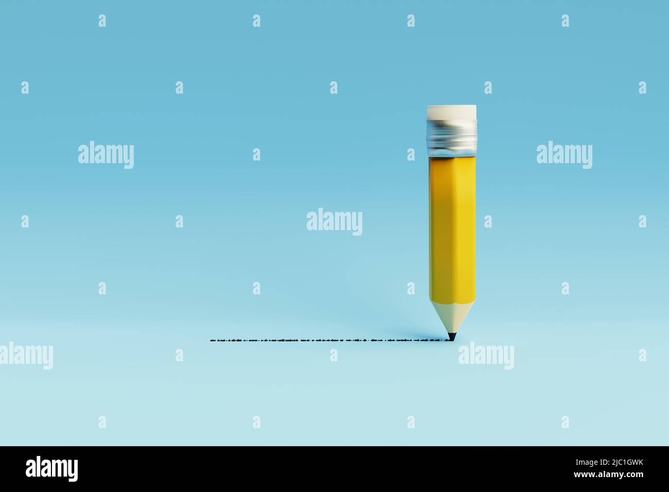 Bold yellow drawing pencil staying on blue background. 3d render Stock ...