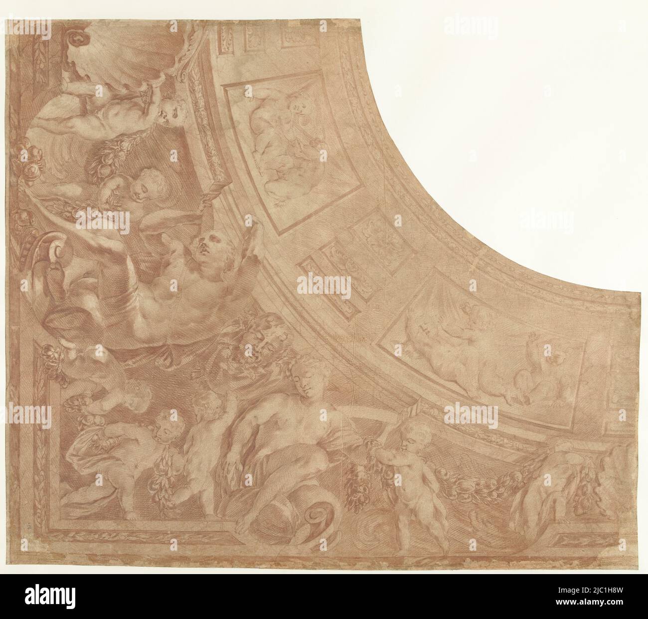 Design for a corner piece of a ceiling with seated figures, putti and ...