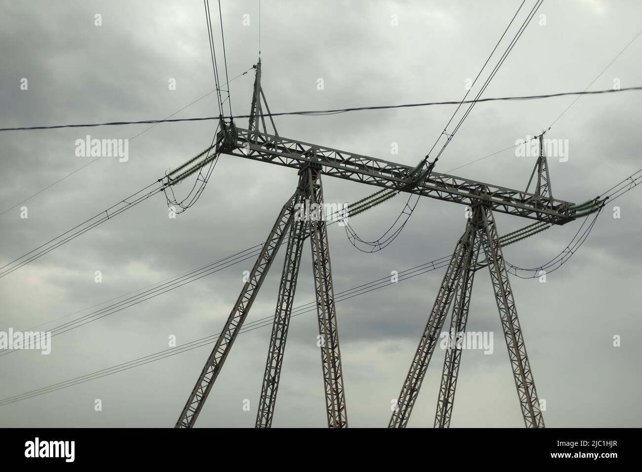 Power line poles. Wires against sky. Steelwork. High voltage of ...