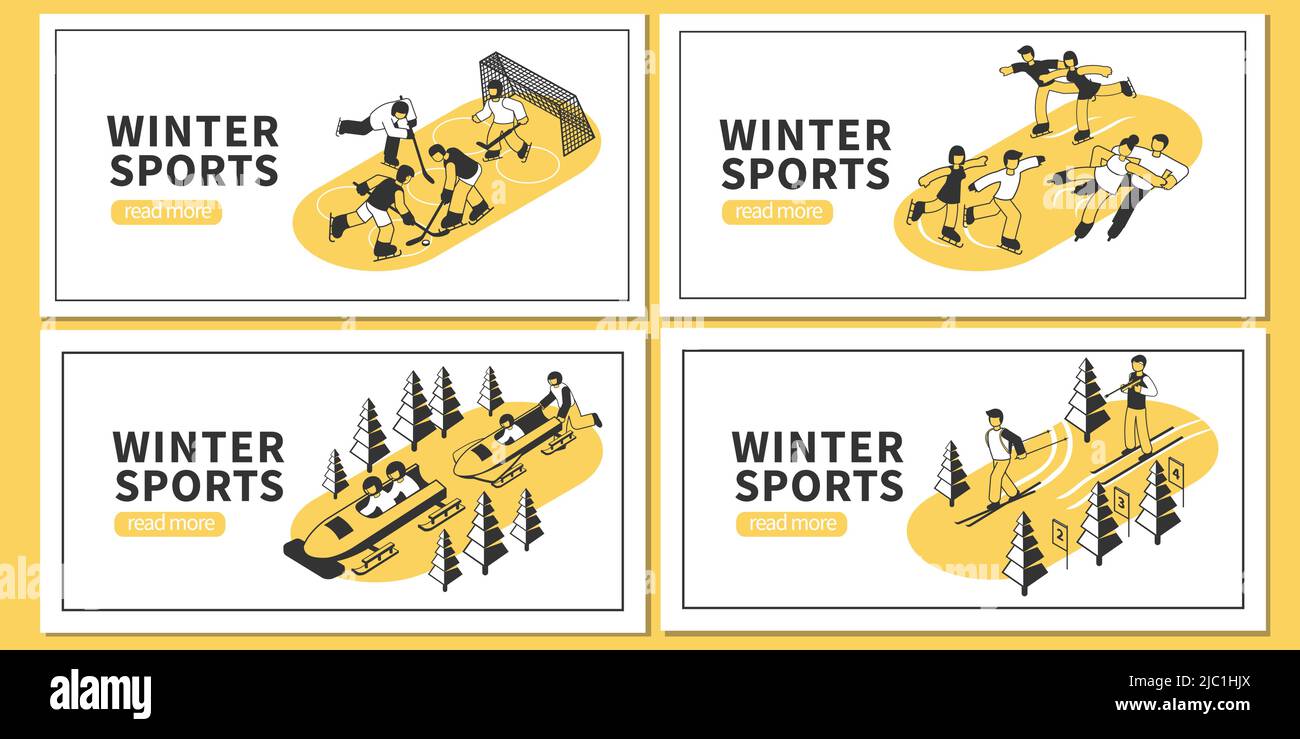 Isometric set of four horizontal banners with winter sports hockey ...